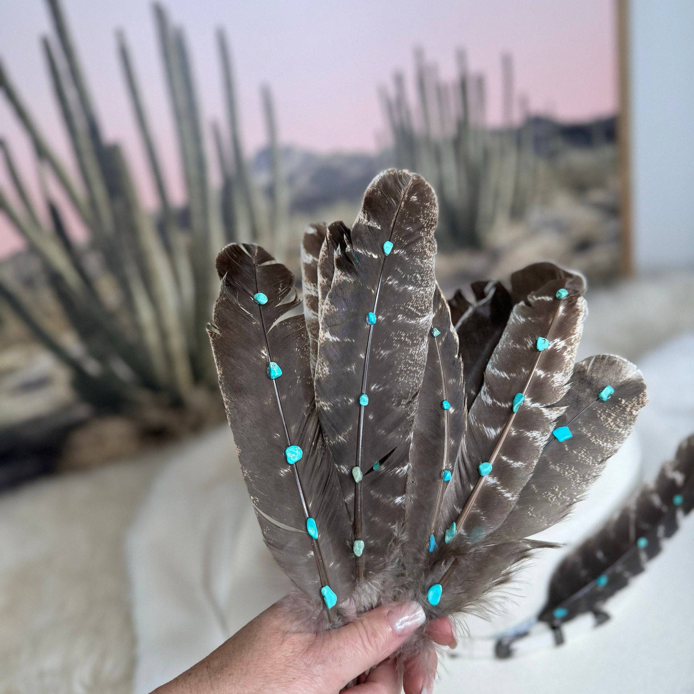 Genuine Turquoise stones on Turkey feather, Hat Feather, Decorated Hat ...