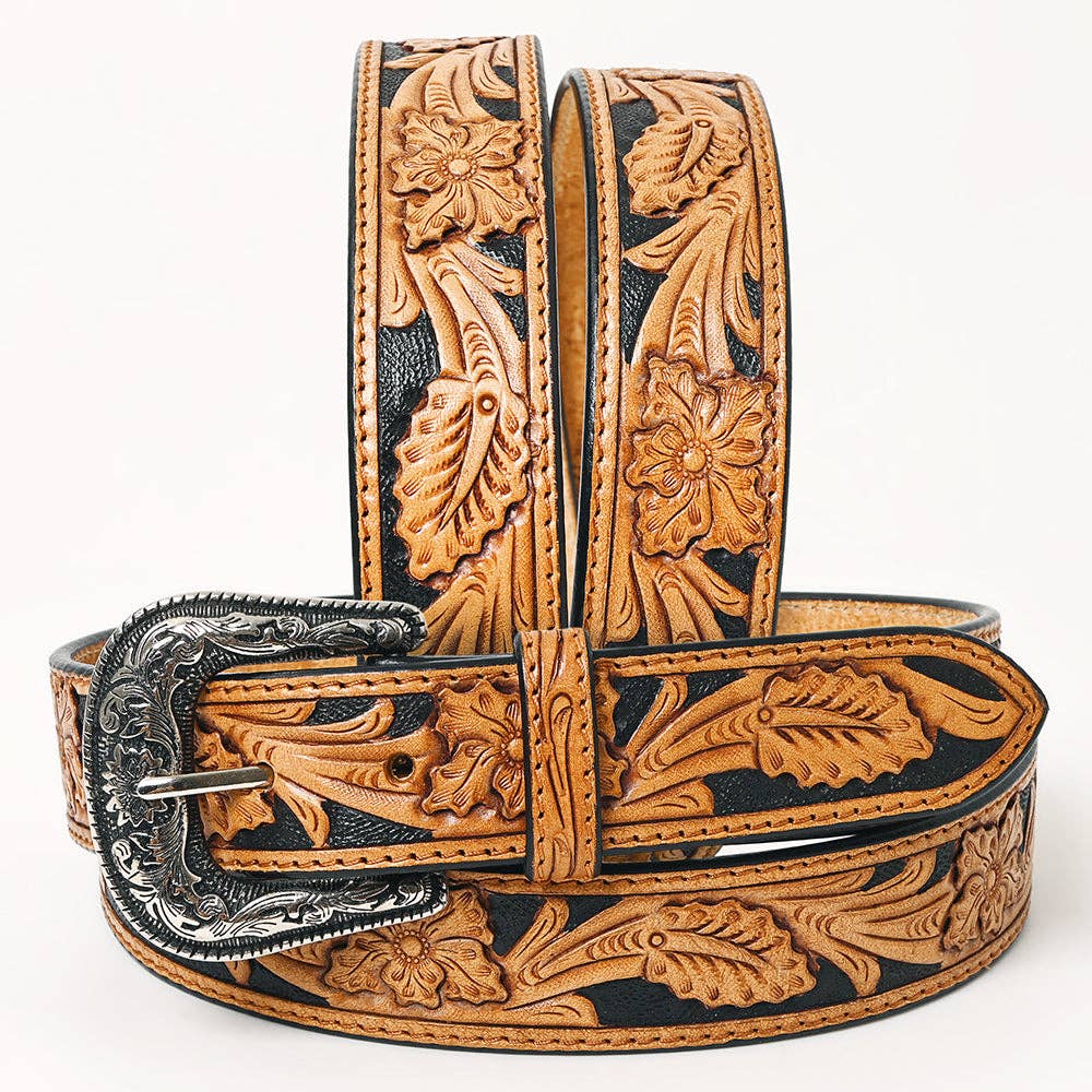 ADBLF225 Black & Tan Hand Tooled Leather Western Belt with Silver Buck ...