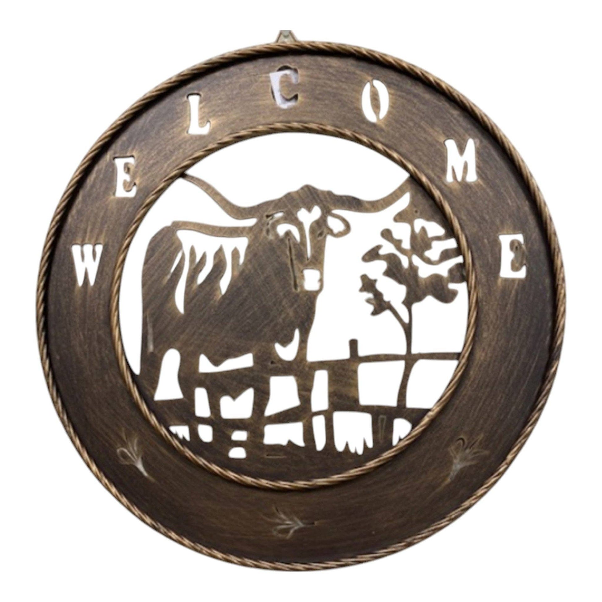 Cow Welcome 18 inch Brushed Copper Metal Wall Sign with Laser Cut Long ...